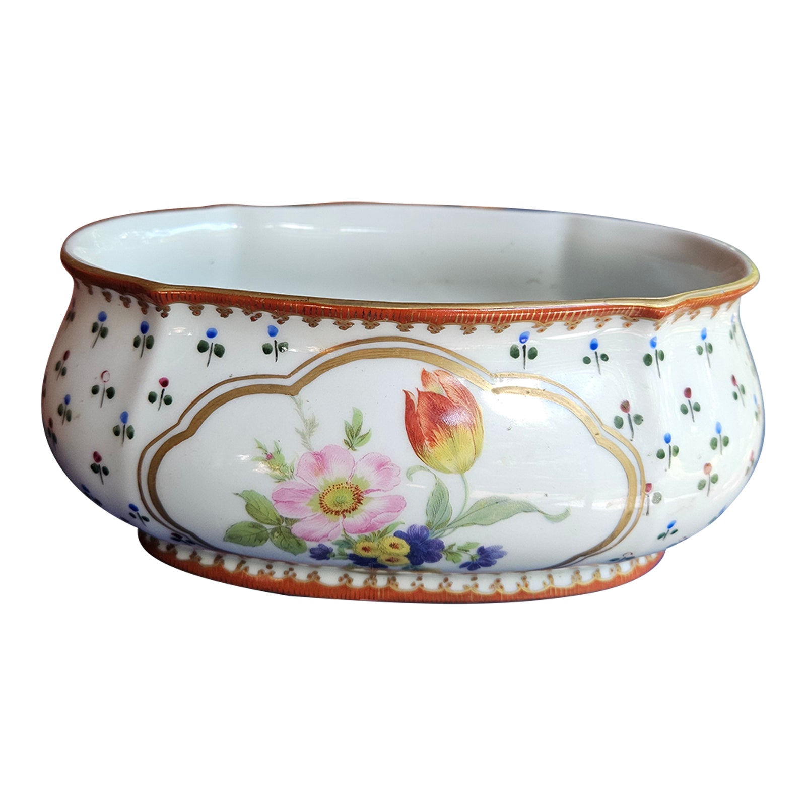 Pretty White Porcelain Oval Cachepot With Hand Painted Flowers and Gold ...