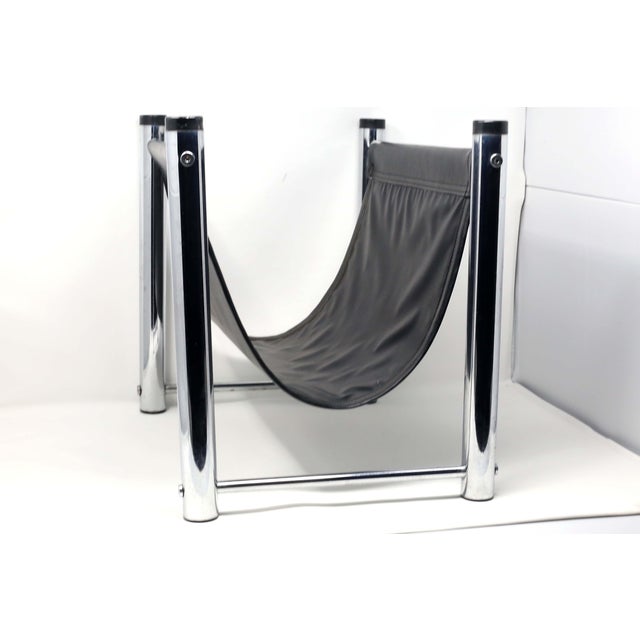 1970s Black Leather Sling and Chrome Magazine Rack | Chairish
