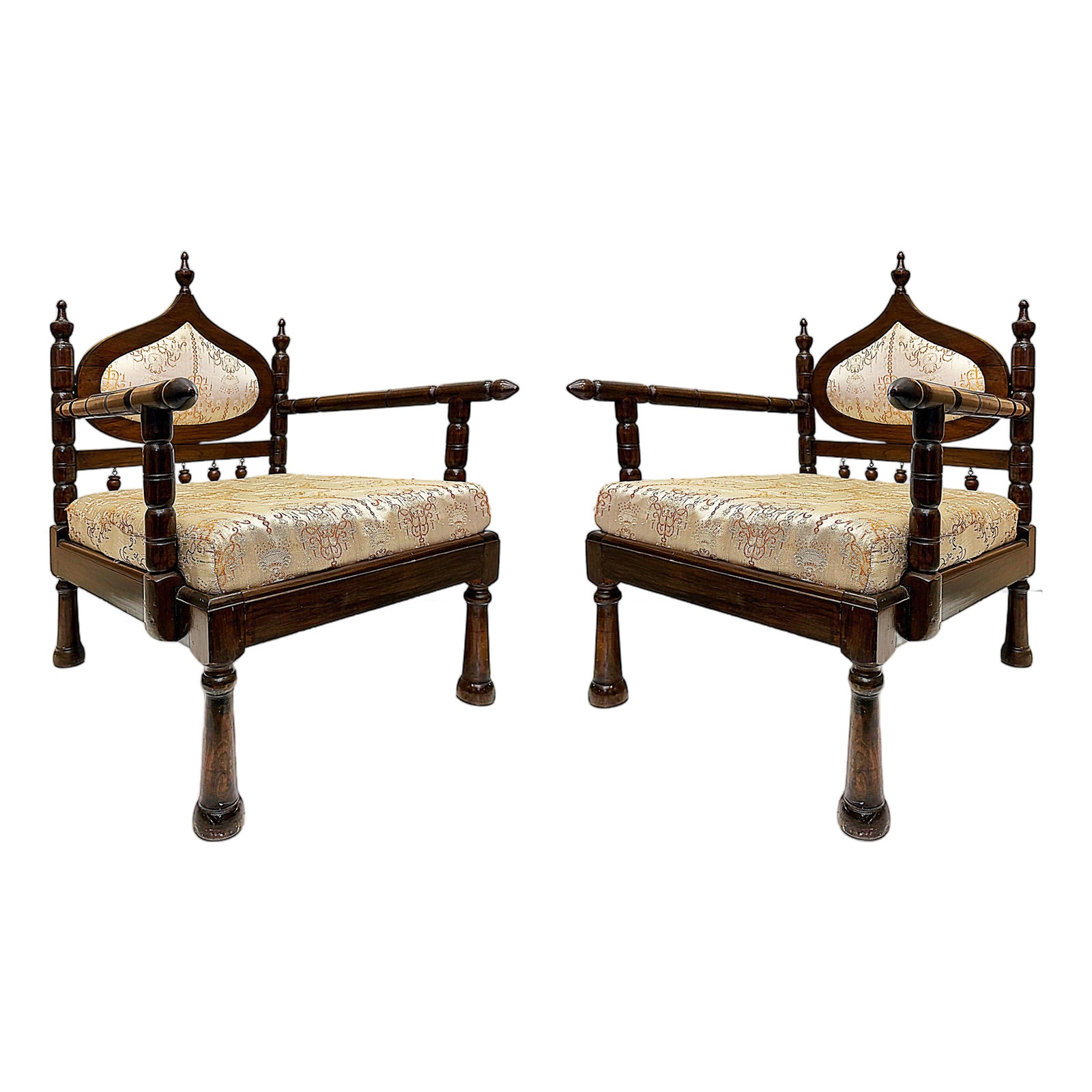 Carved End of Indo-British Colonial Period Lounge Chairs, Pair | Chairish