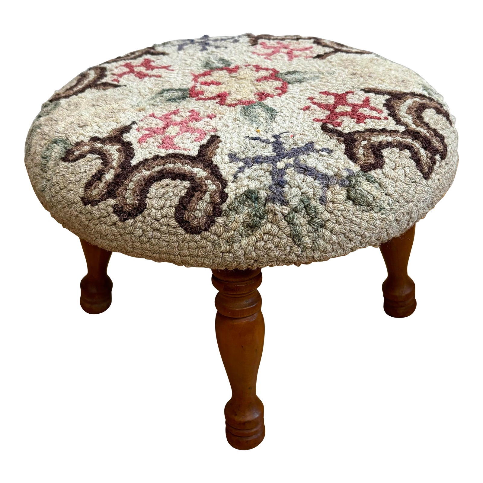 Late 20th Century Vintage Needlepoint Hand-Hooked 4-Legged Foot Stool ...