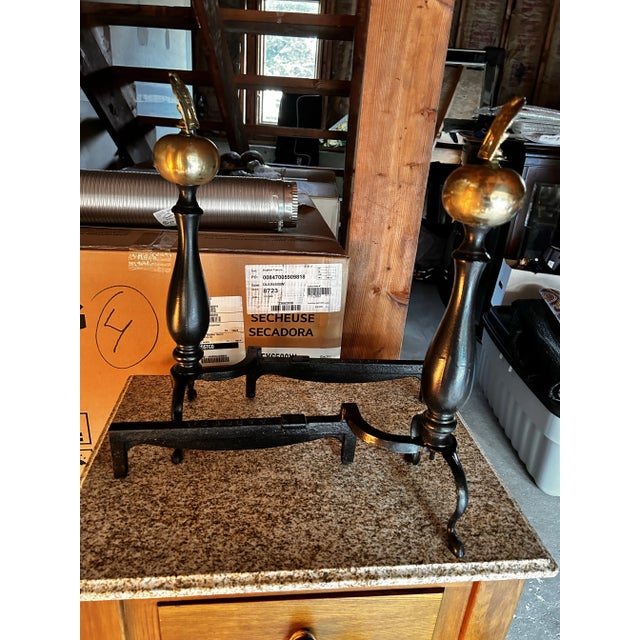 Vintage Federal Eagle Cast Iron Andirons Brass Tops- a Pair | Chairish