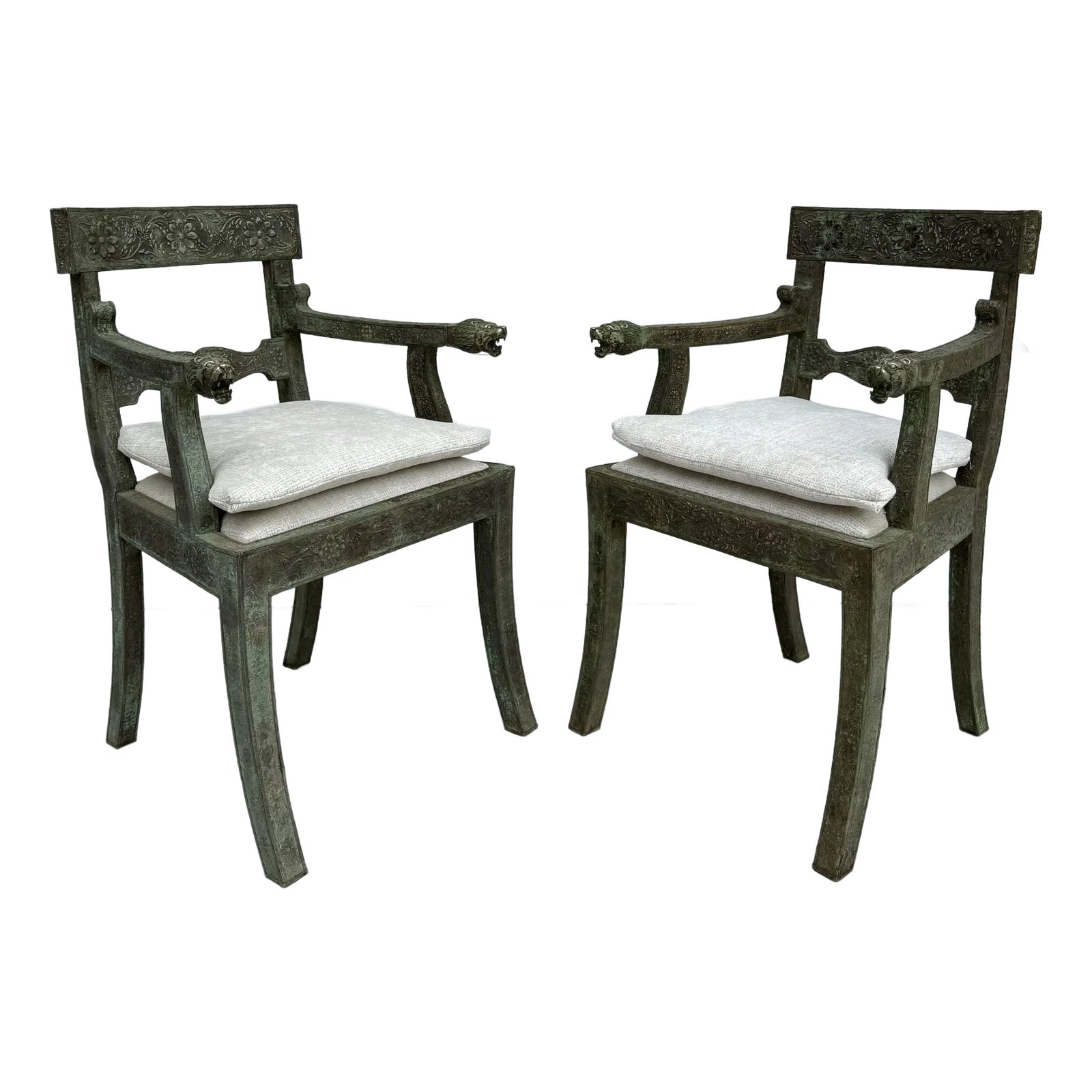 Pair of Anglo-Indian Lion Head Klismos Patinated Silver Metal Clad ...