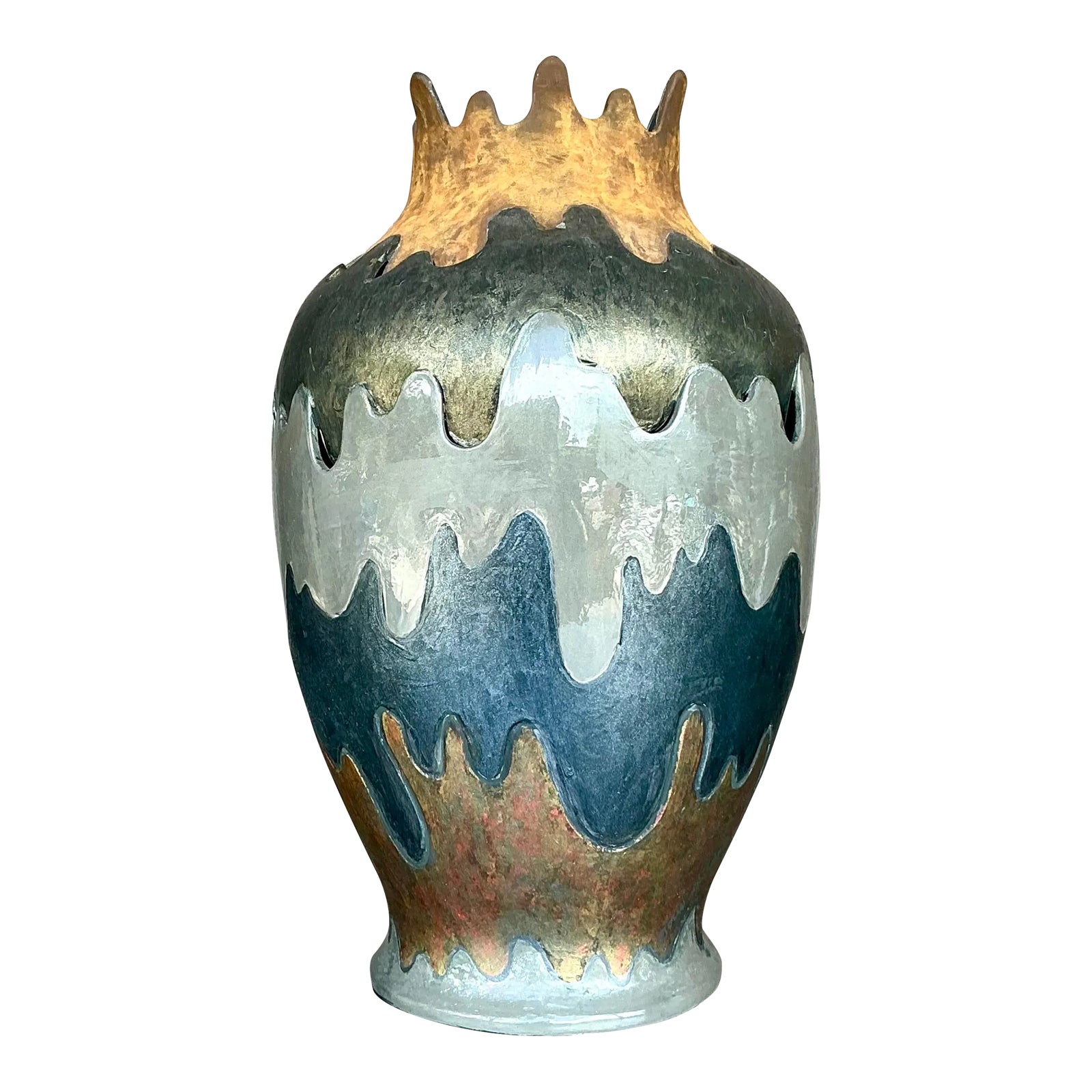Vintage Boho Monumental Layered Ripple Ceramic Vase | Chairish