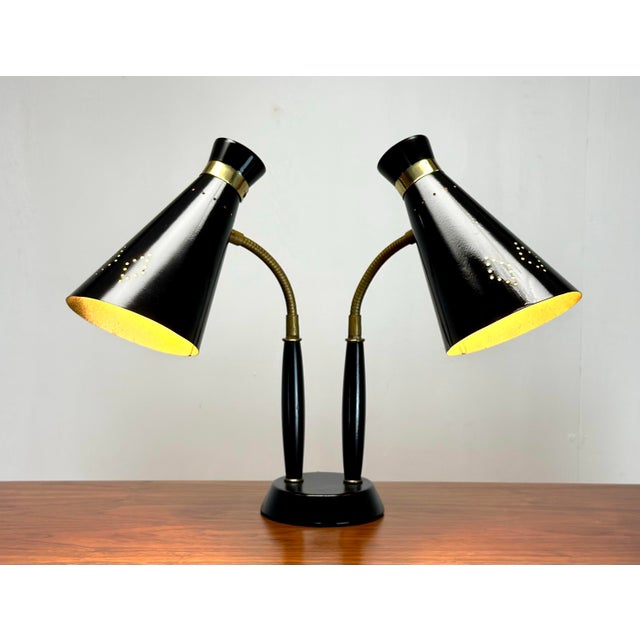 Mid Century Atomic Modern Double Gooseneck Desk Lamp in Black & Brass ...