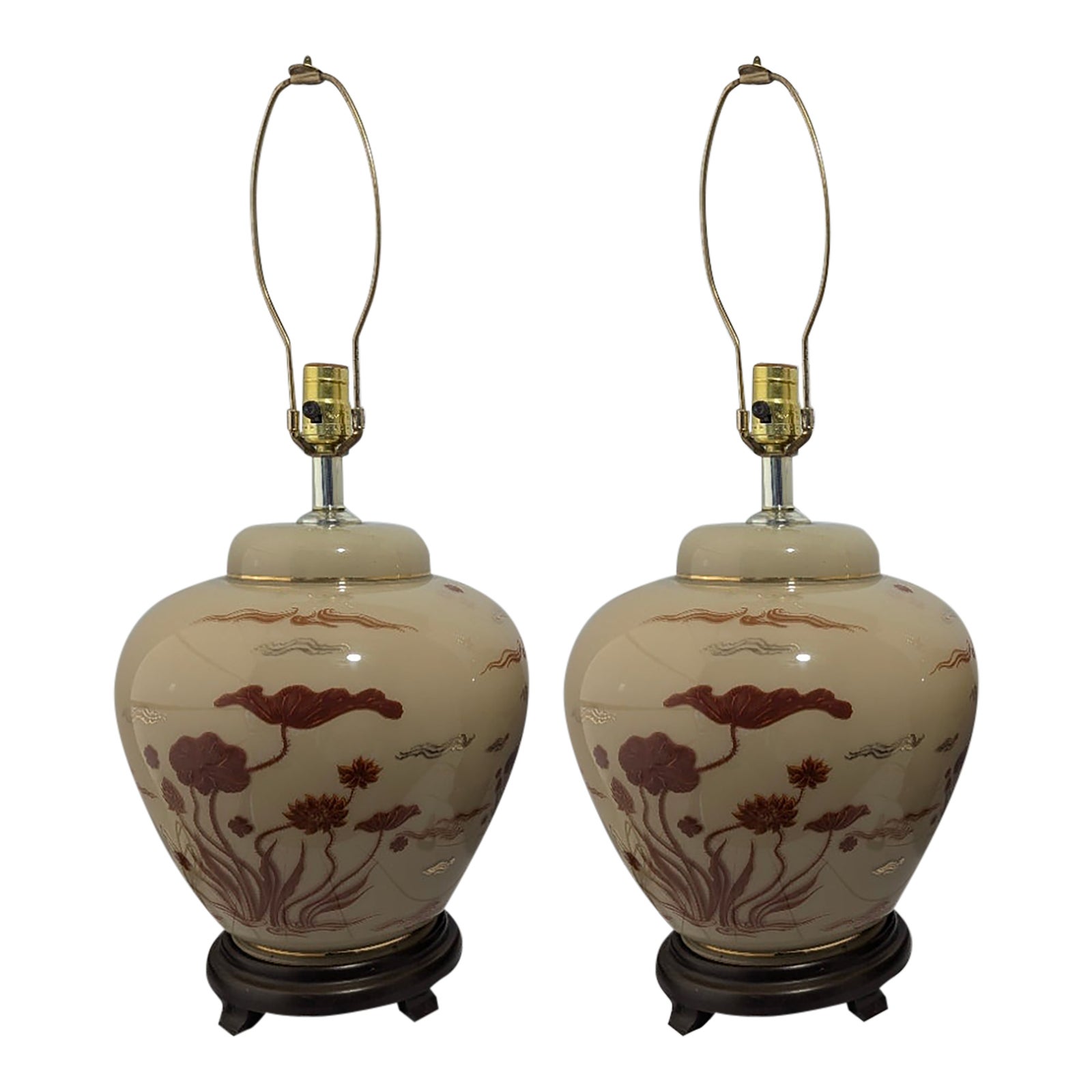 Set of 2 Vintage Chinese Glass Lamps With Shades and Finials in Beige ...