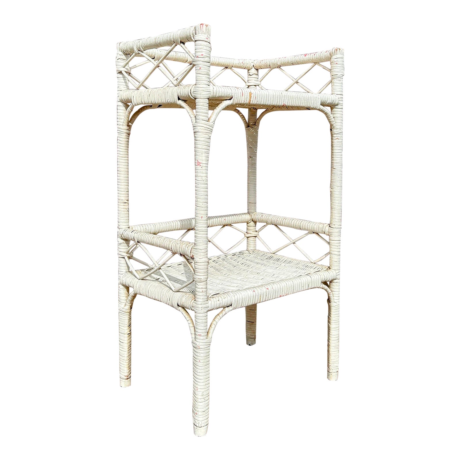 1970s Vintage White Wicker Tall Table Stand With Two Shelves | Chairish