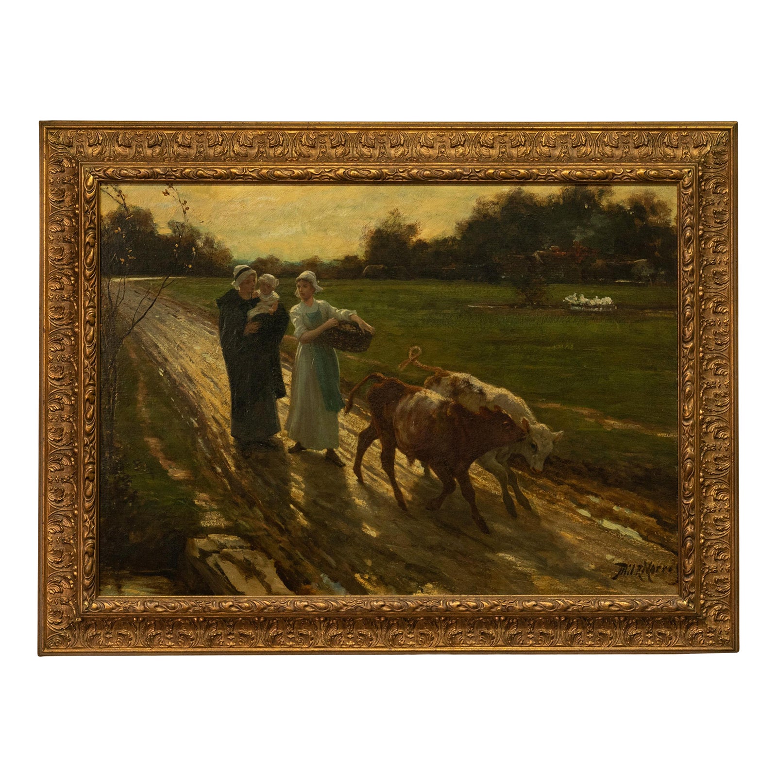 19th Century Impressionist Oil on Canvas Painting Bucolic Figural ...