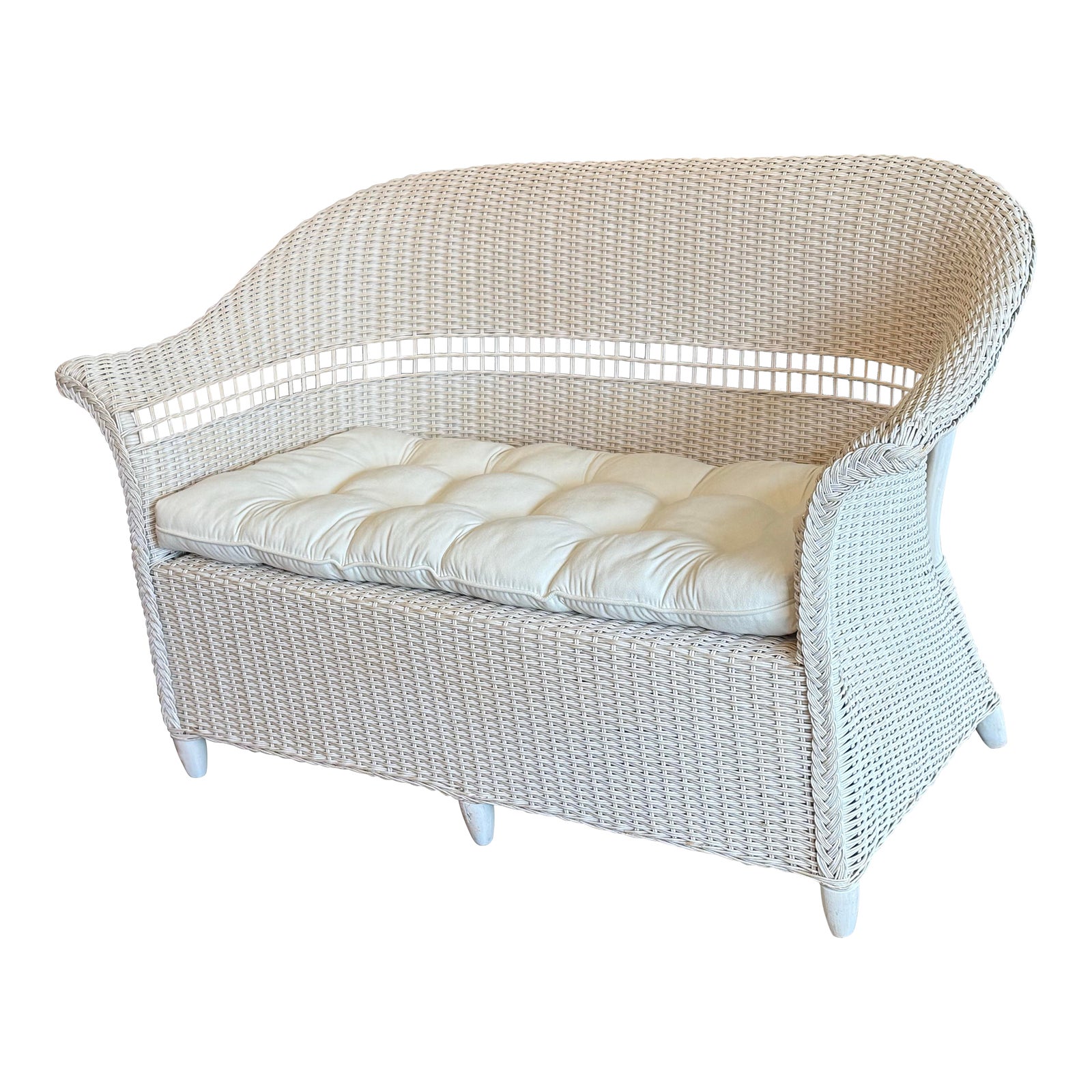 Pier 1 Wicker Settee + Cushion | Chairish