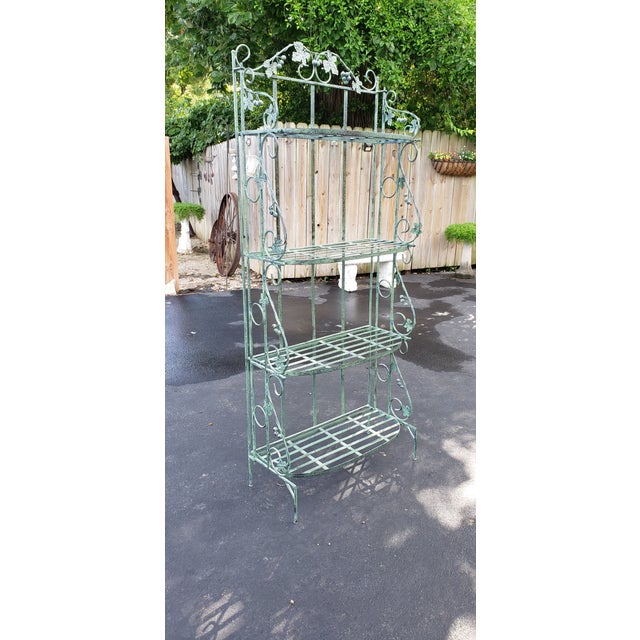 1970s Vintage French Distressed Green and Black Iron Bakers Rack With ...