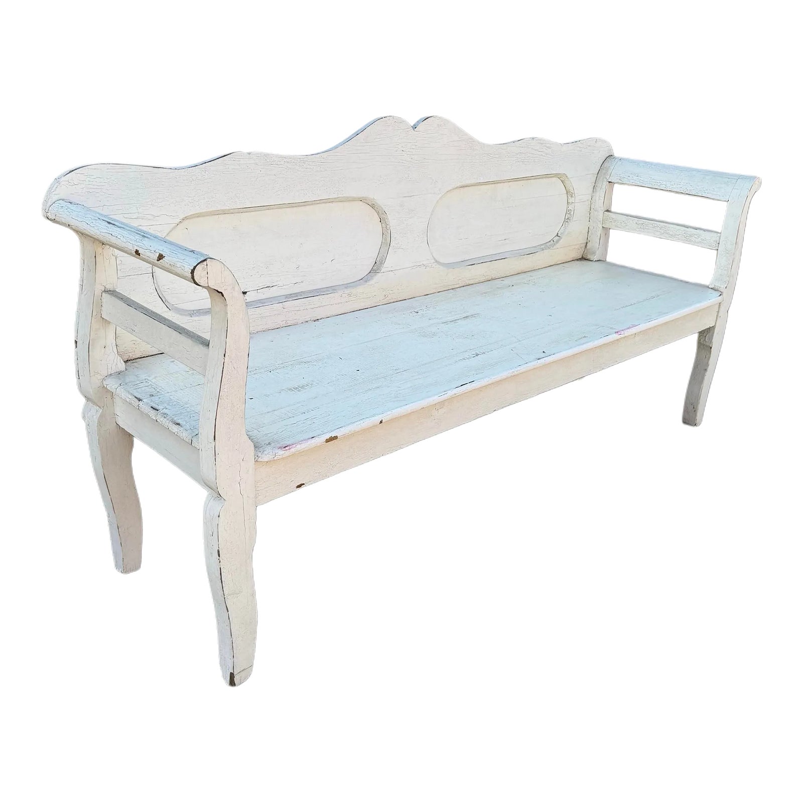 French Country-Inspired Aged Vintage White Wood Bench | Chairish