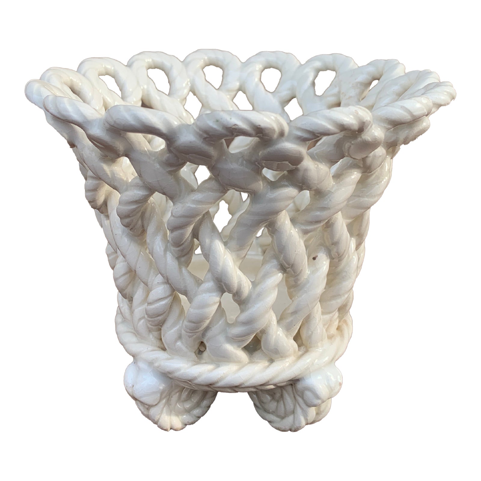 French Country White Ceramic Woven Rope Cachepot Basket | Chairish
