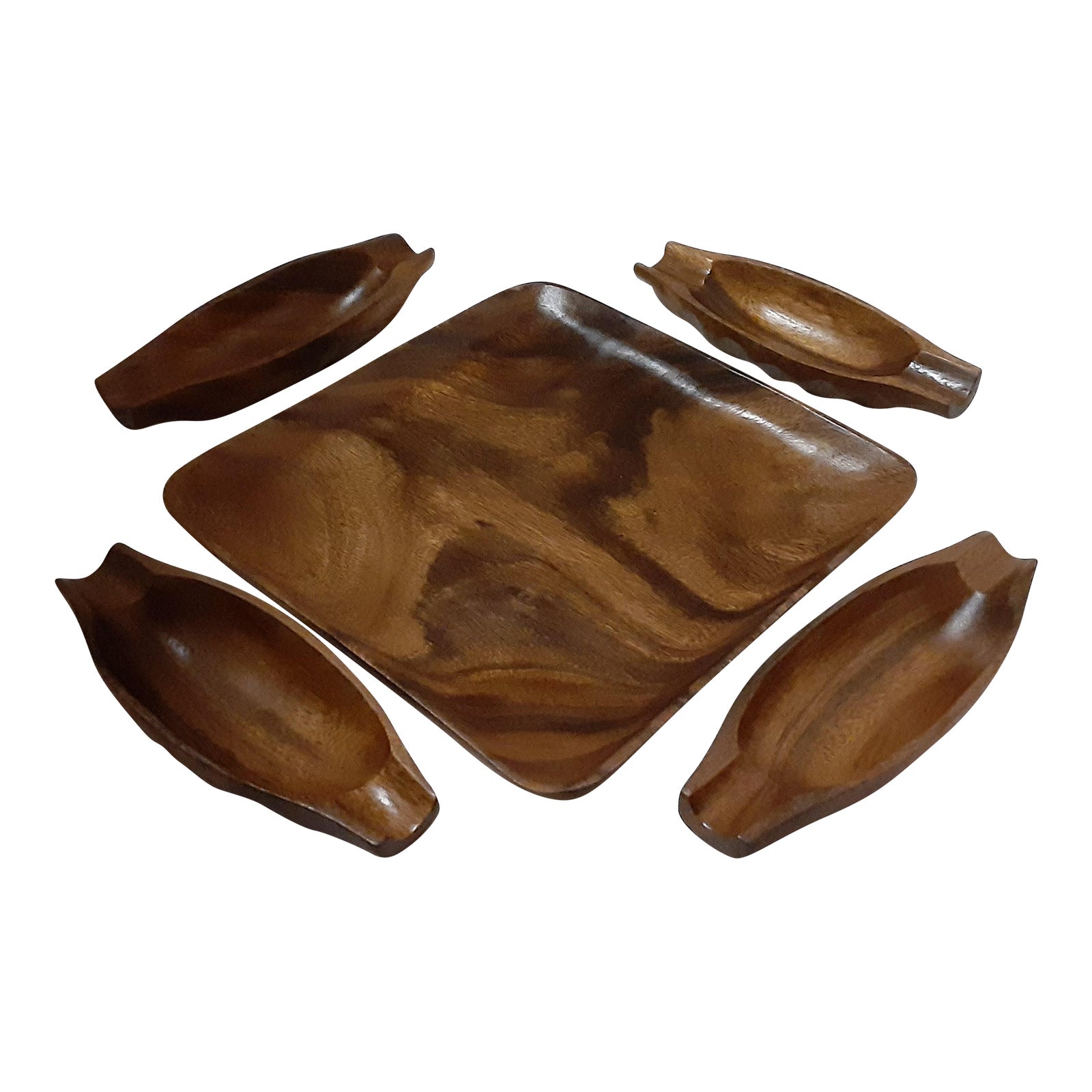 Vintage Monkey Pod Square Serving Tray & Guest Plates Set- 5 Pieces ...