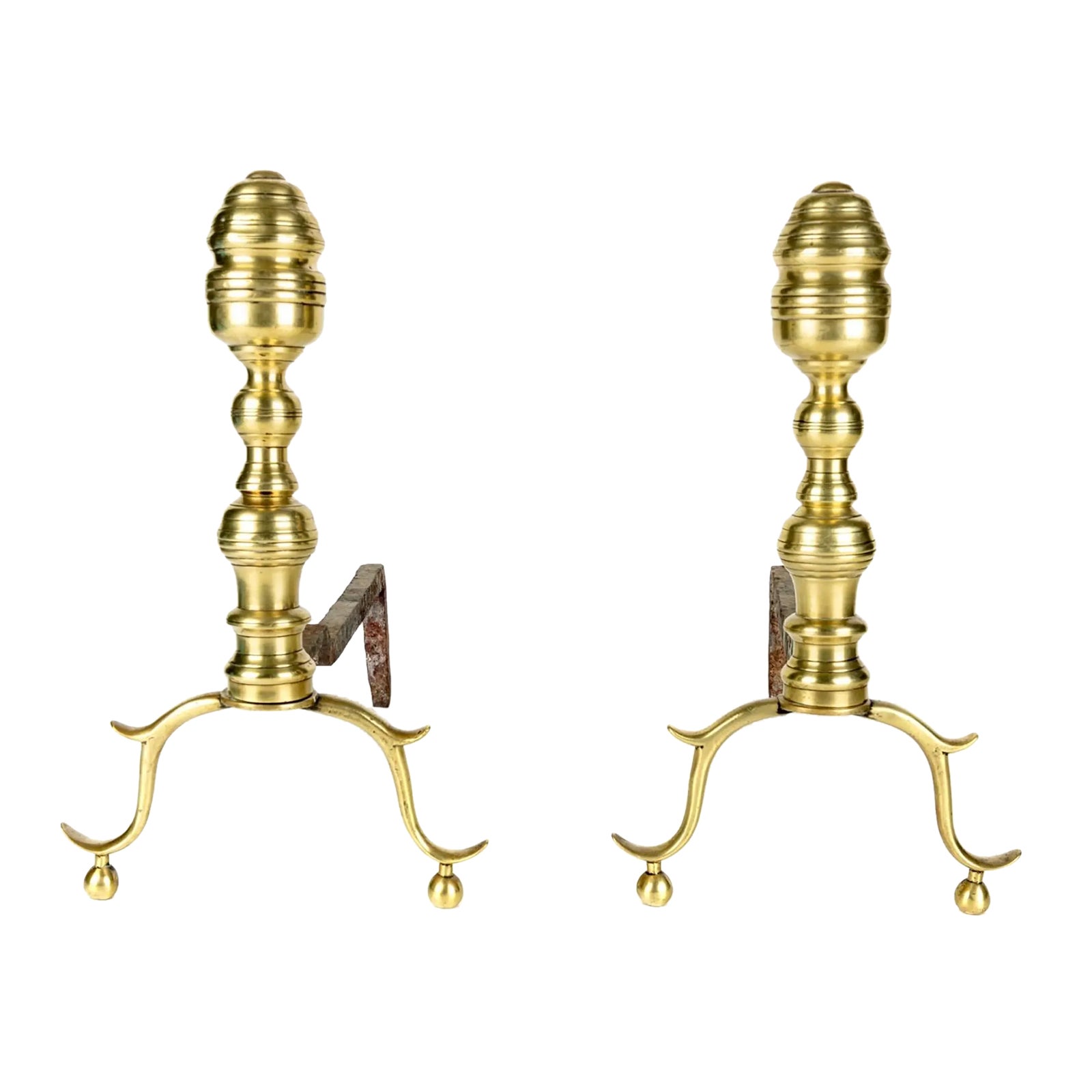 18th Century Ribbed Brass Andirons—A Pair | Chairish