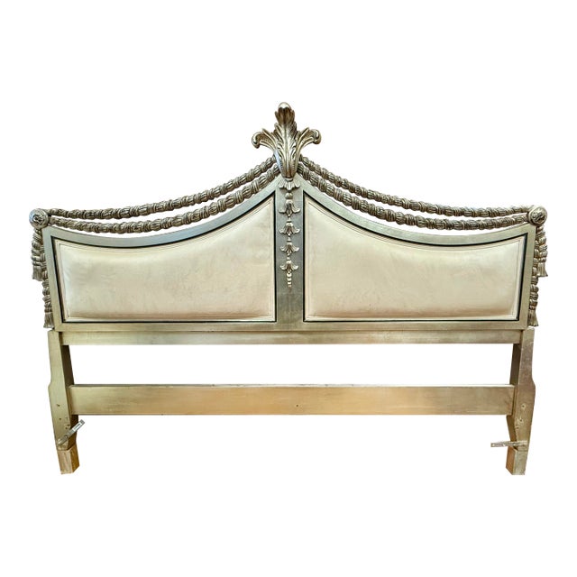 French Carved Silver Wood and Cream Suede Headboard by Karges | Chairish