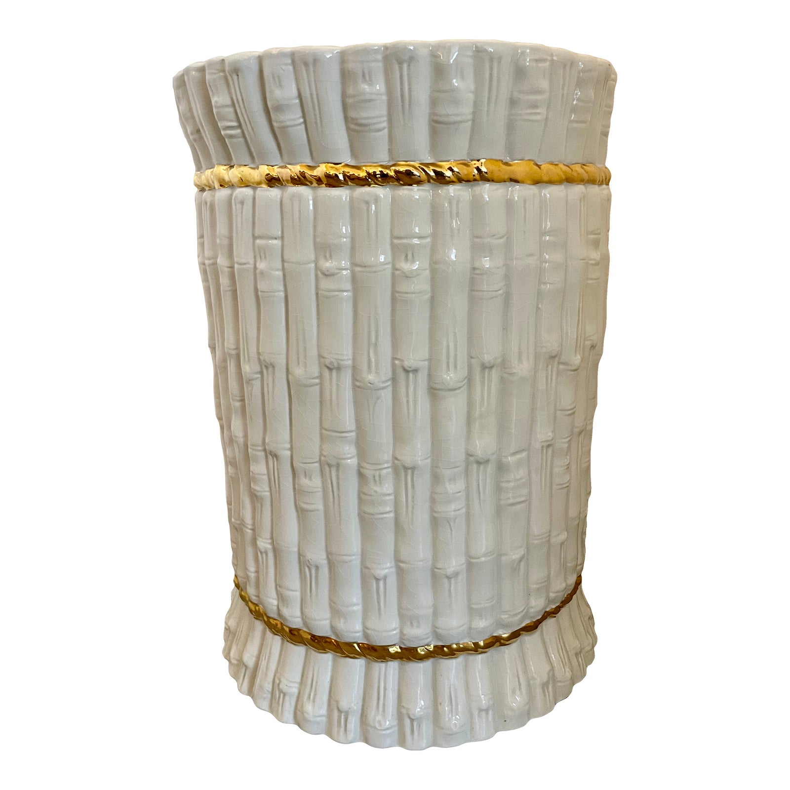 Italian Faux Bamboo White & Gold Ceramic Side Table/Stool From 70's ...