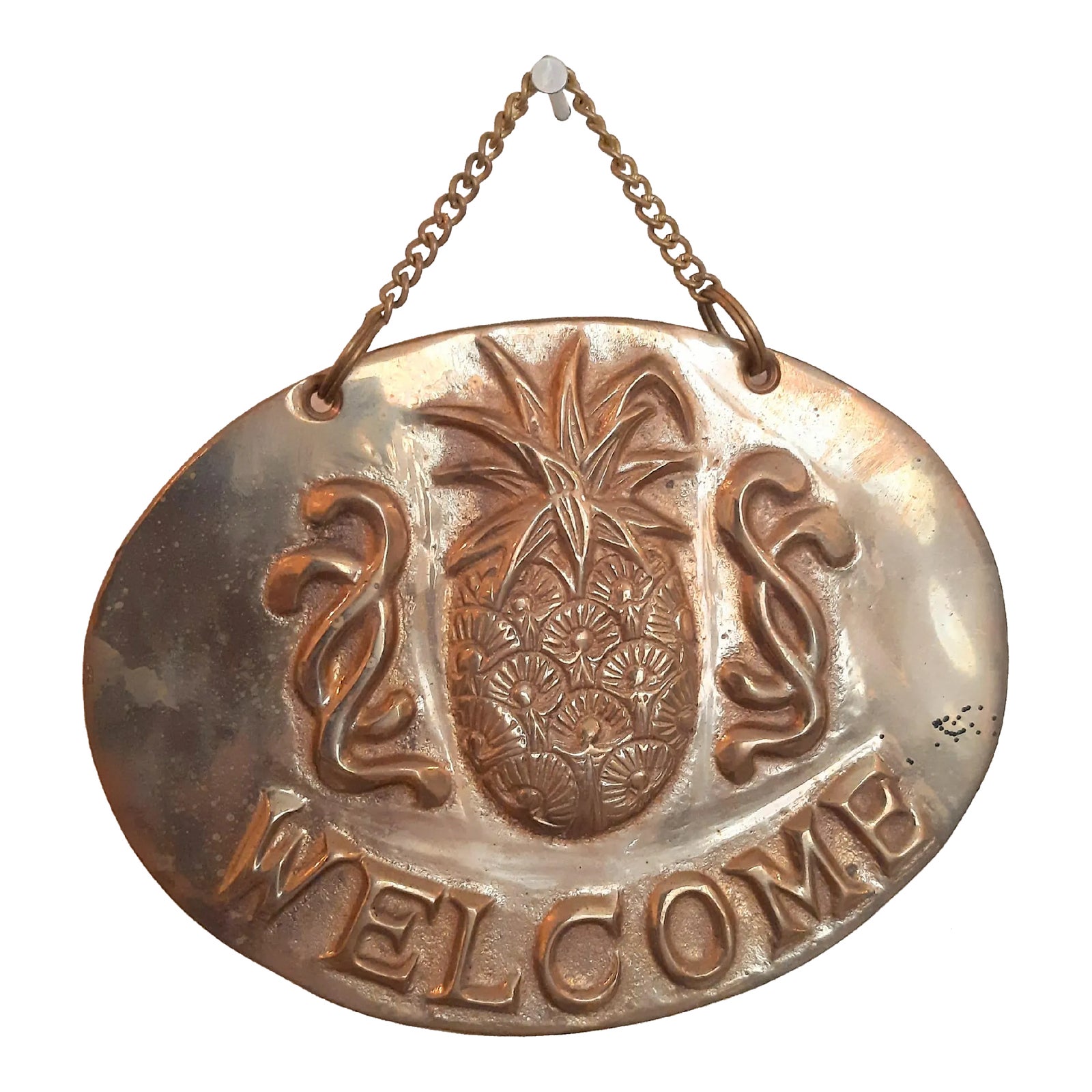 Brass Pineapple Fruit Welcome Sign Plaque | Chairish