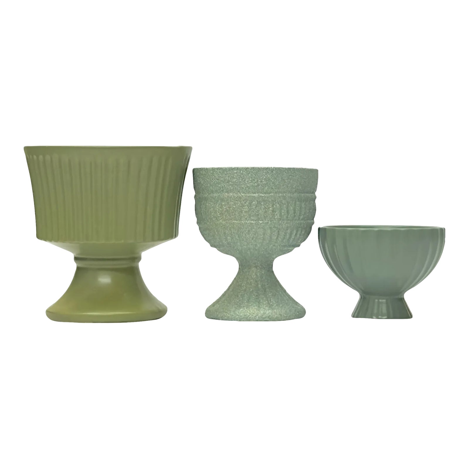 Olive Green Matte Ceramic Stemmed Planter Curation - Group of 3 | Chairish