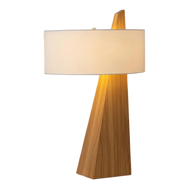 Nova Obelisk Table Lamp, Natural Ash Wood Finish, White Cotton-Linen ...