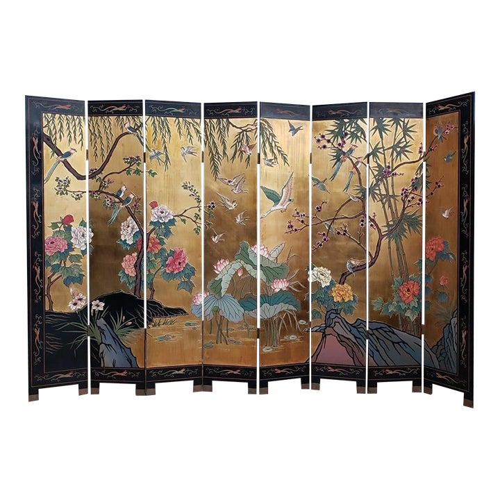 Vintage Eight Panel Oriental Asian Gold Folding Screen Room Divider W ...