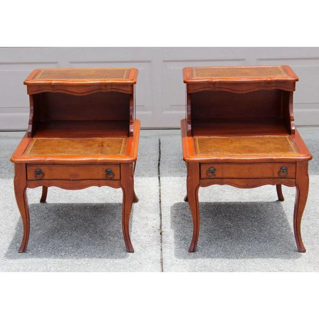Pair of Vintage Two-Tier Leather Step Side Tables With Drawers | Chairish