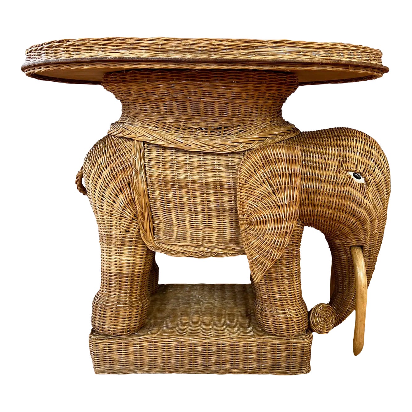 Vintage Boho Chic Natural Wicker & Rattan Elephant Side Table With Tray ...