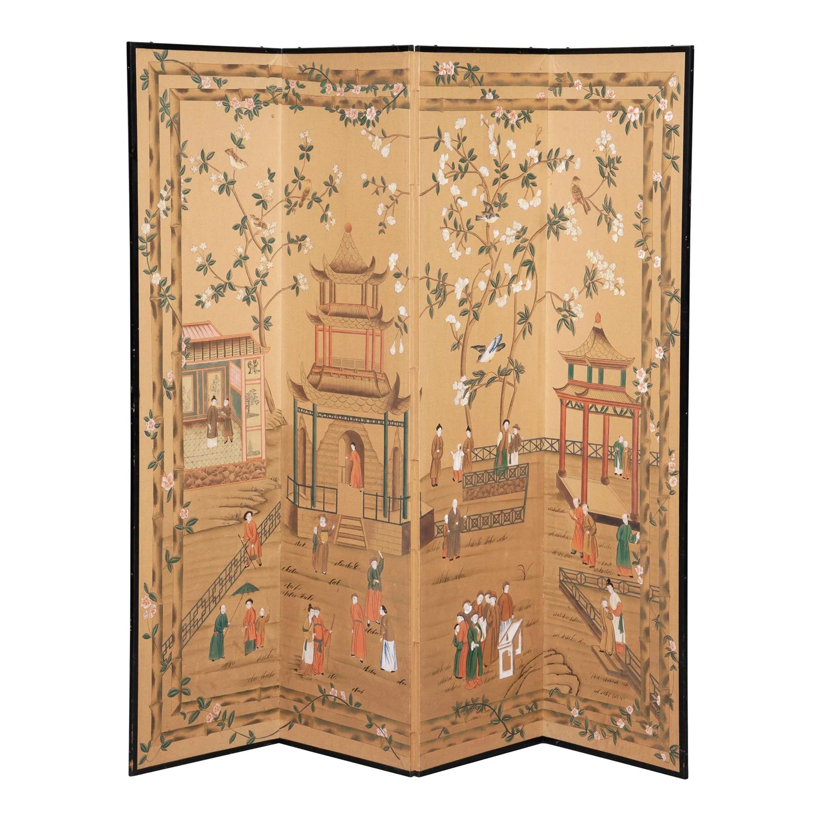 Chinoiserie Hand-Painted Four Panel Screen With Pagodas and Flowers ...