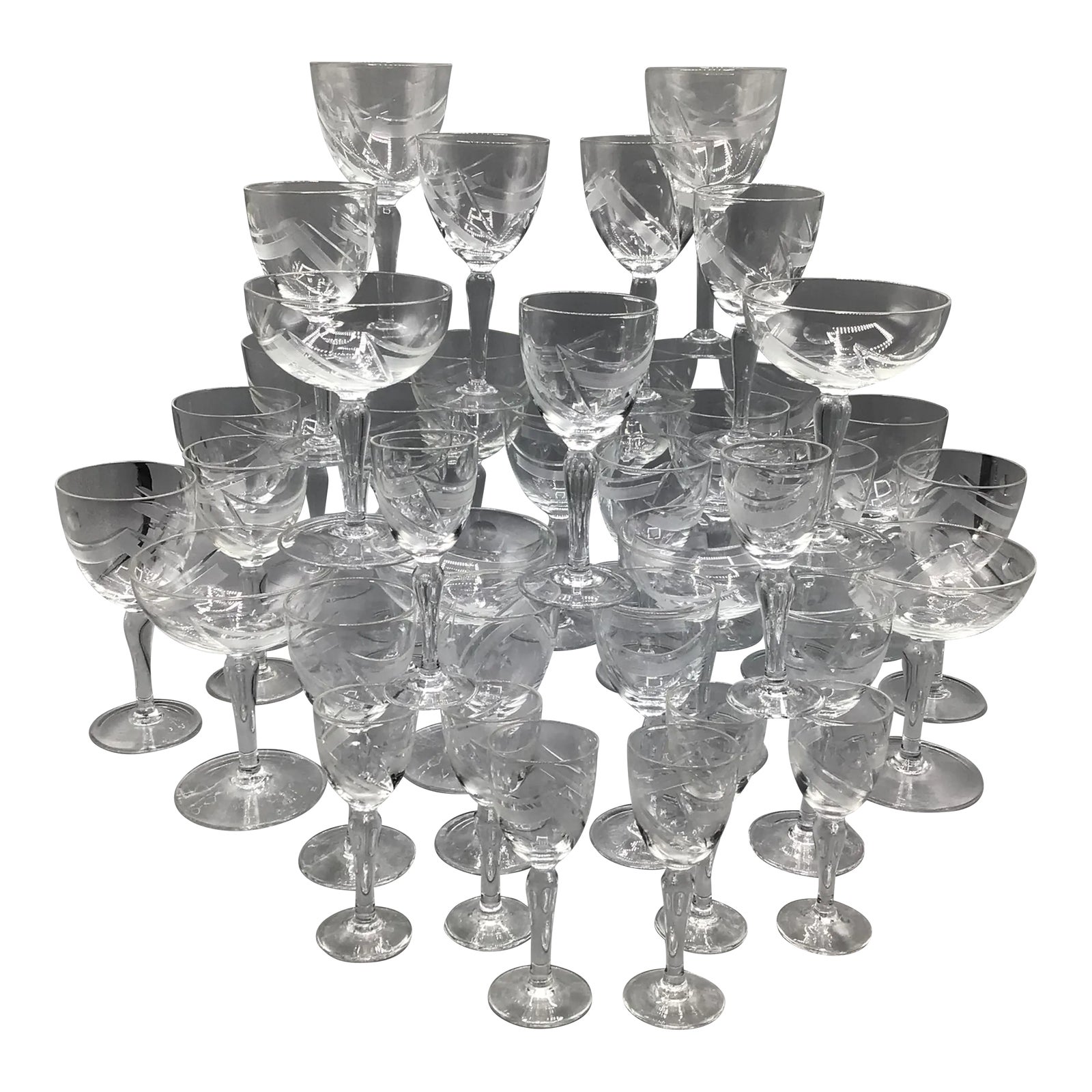 Vintage Rare European Abstract Line and Bubble Cut Crystal Stemware-Set ...