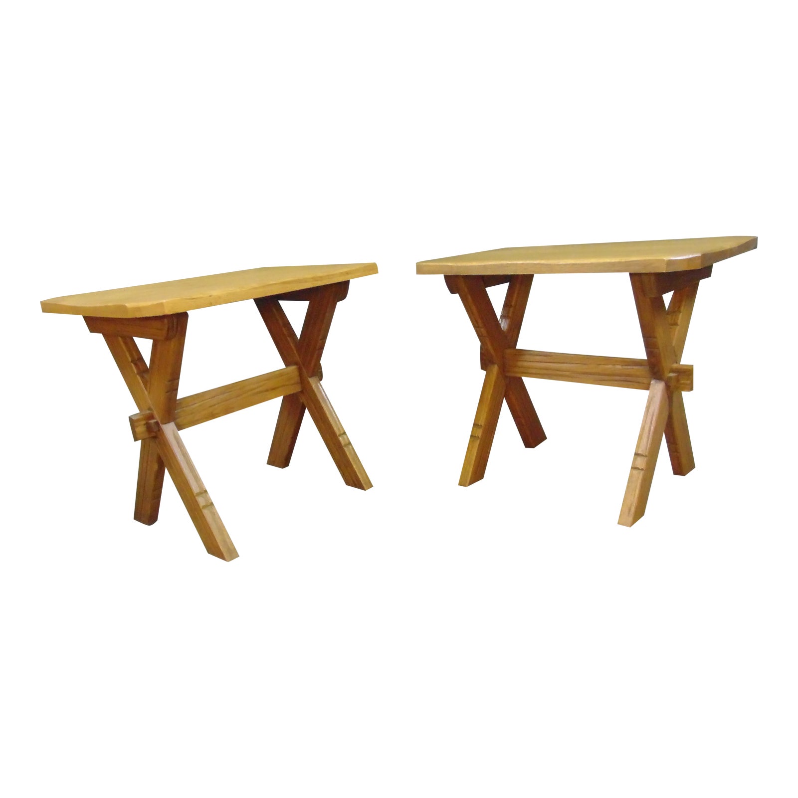 Ranch Oak Mid Century Trestle Base Side Tables - a Pair | Chairish