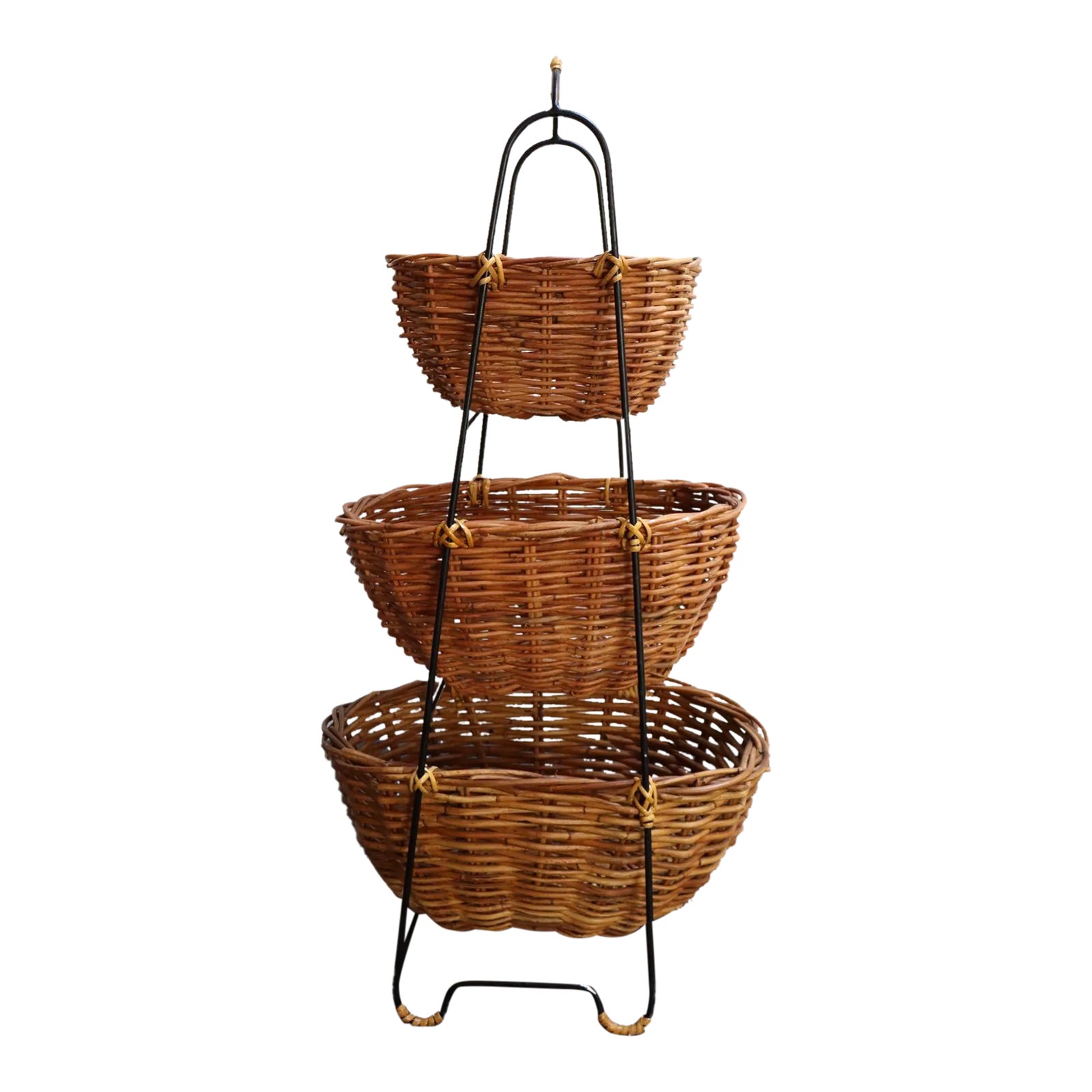 Vintage Graduated Wicker and Iron Three-Tiered Basket Stand | Chairish