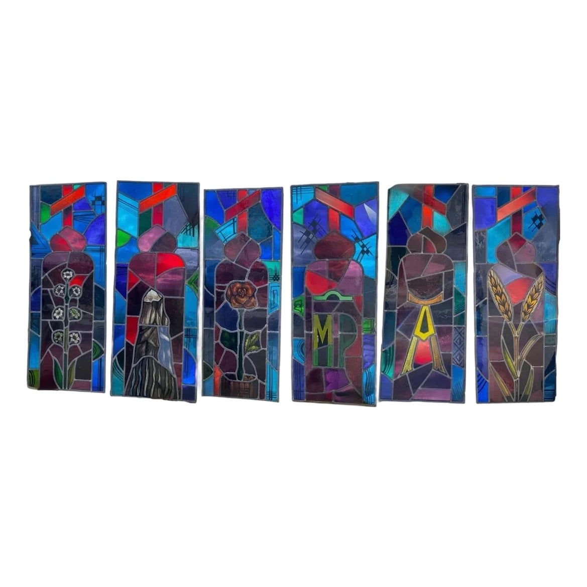 Vintage Art Deco Blue & Red Leaded Stained Glass Church Window W/ Cross ...