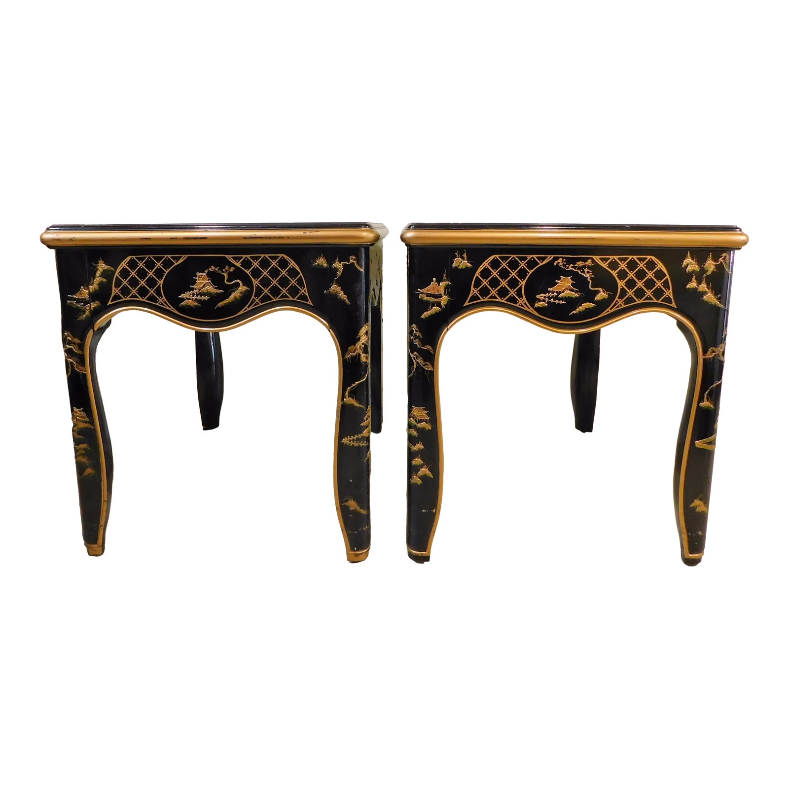 Vintage Chinese Oriental Mid Century Black Lacquer Wood Hand Painted ...