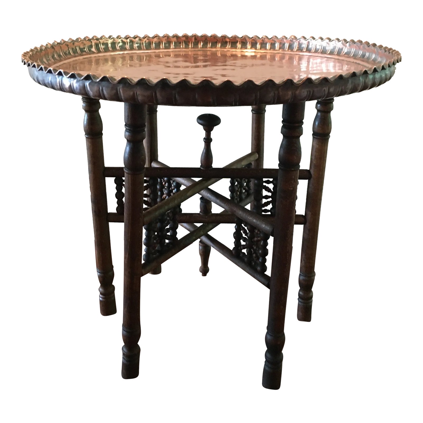 Antique Turkish Copper Tray Table on Folding Wooden Stand | Chairish