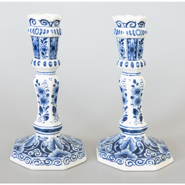 Mid 20th Century Dutch Delft Floral Candlesticks - a Pair | Chairish