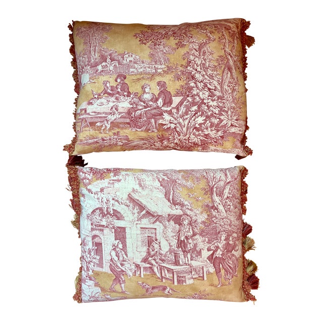 Pair of French Country Toile Pillows With Fringe Tassels | Chairish