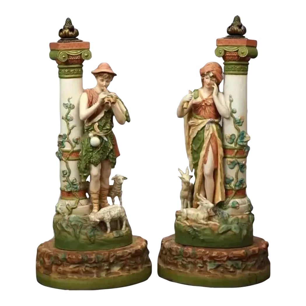 Antique Victorian Porcelain Figural Royal Dux Statues - Set of 2 | Chairish