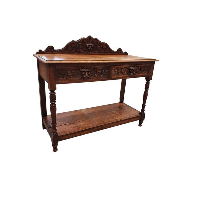 Victorian Gothic Style Round Carved Oak Side Table, 1920s | Chairish