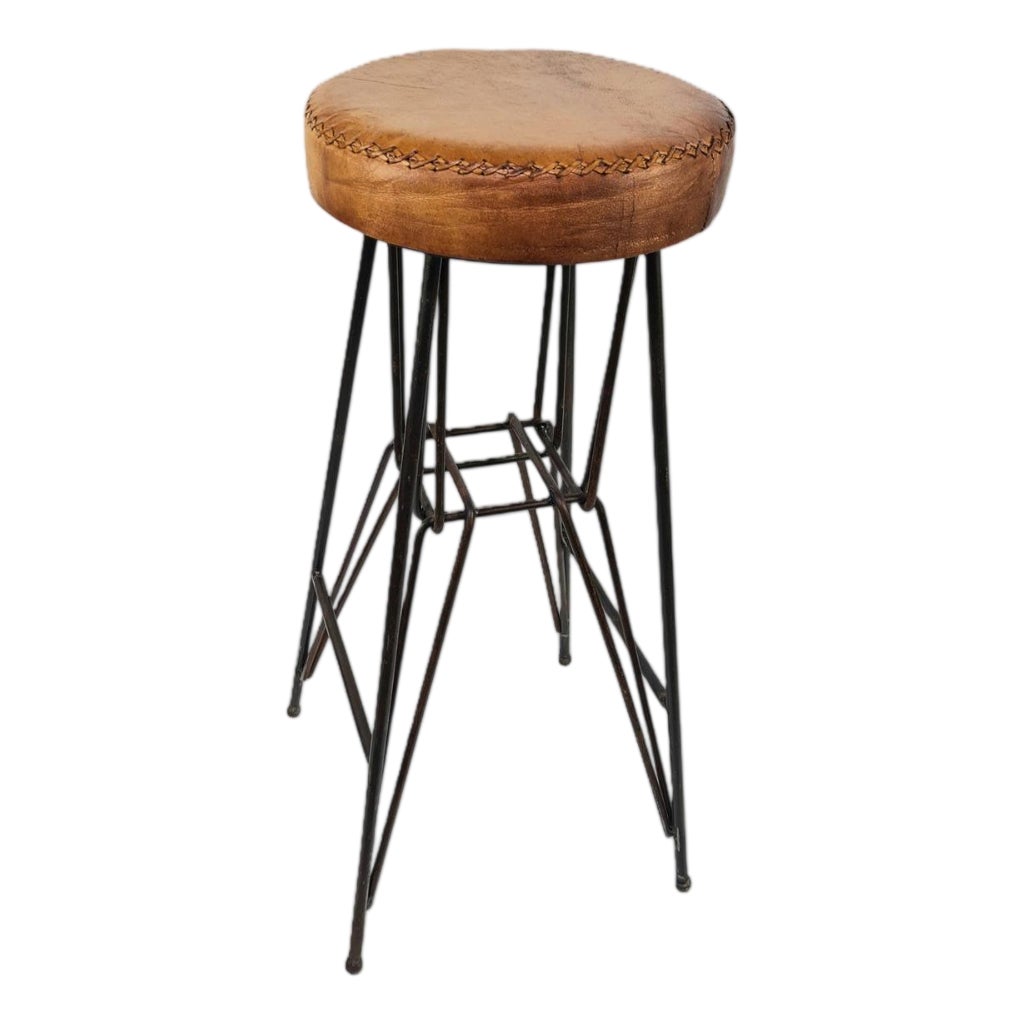 Vintage Industrial Metal Stool with Leather Seat, 1960s | Chairish