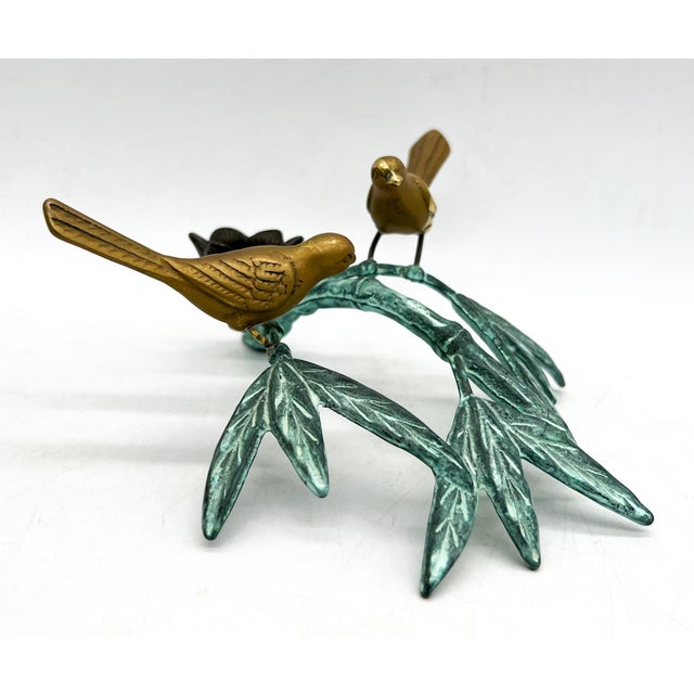 Vintage Verdigris Brass Birds on Bamboo Figurine and Flower Frog by ...
