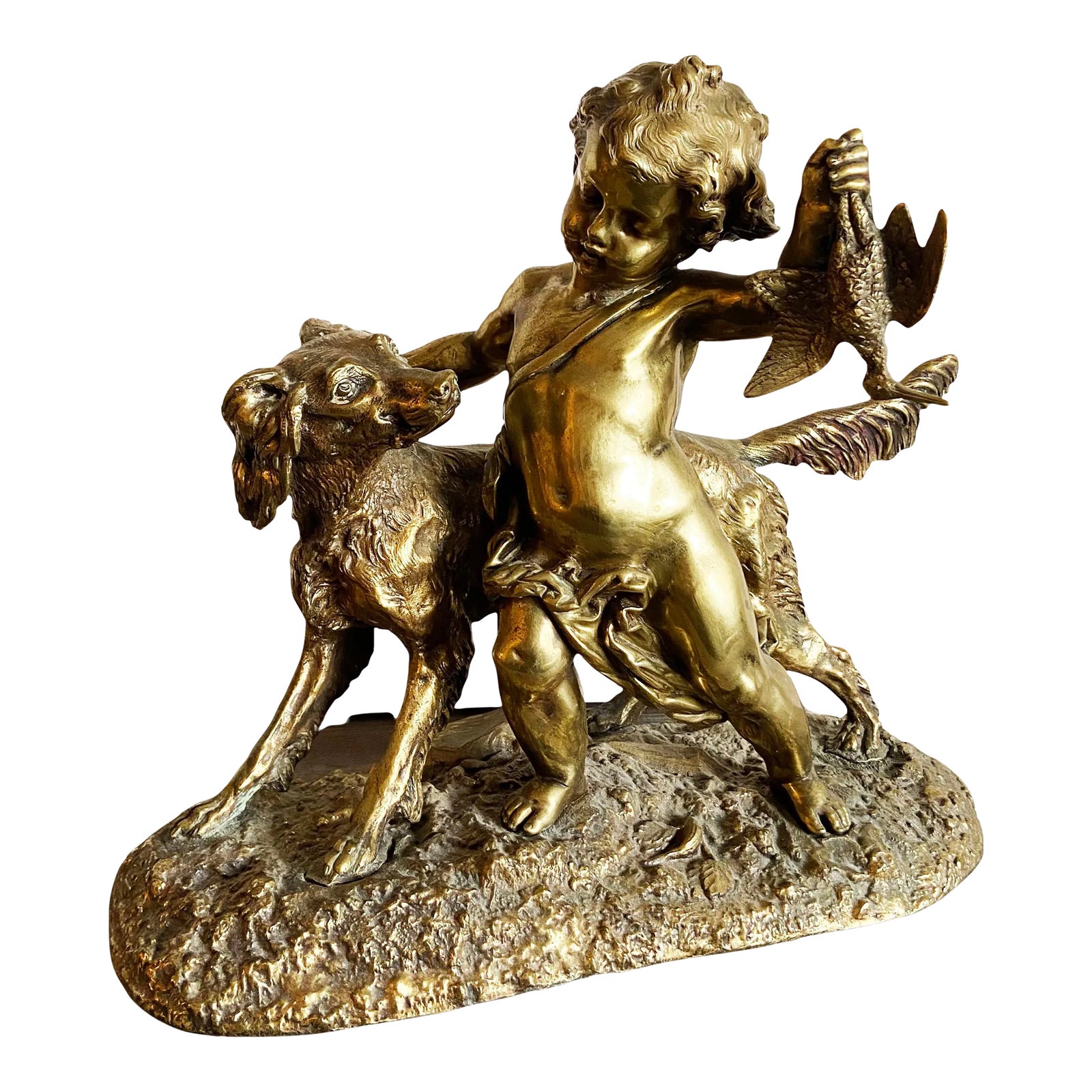 Antique Bronze Figurine the Hunting Dog and the Cherub | Chairish