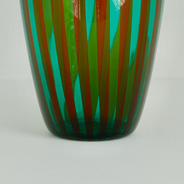 Vintage Late 20th Century Murano Glass Vase Ochre & Turquoise Strip ...