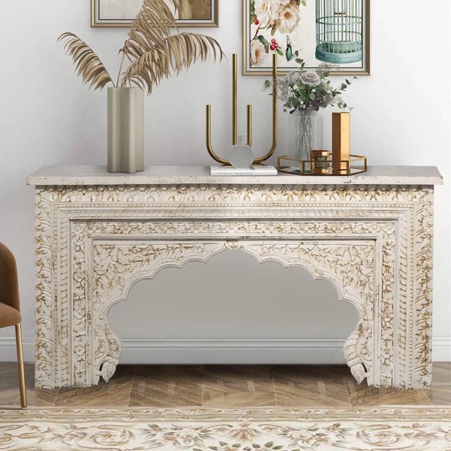 Moorish Carved Arch Solid Wood Console Sofa Table | Chairish