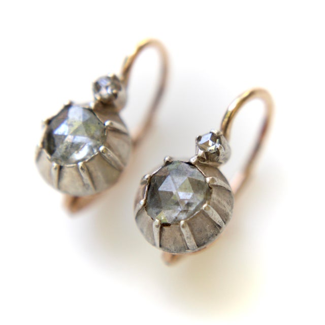 Late 19th Century 14k Gold and Silver Victorian Rose Cut Diamond Collet Set Dormeuse Earrings ...