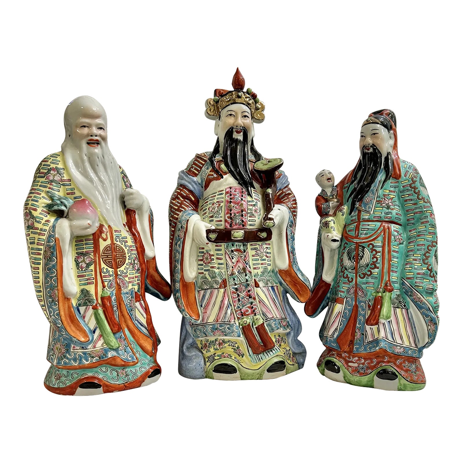 Mid 20th Century Chinoiserie Porcelain Feng Shui Fu Lu Shou Deities ...