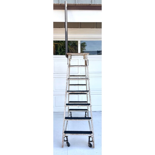 Vintage Rolling 2-Sided Industrial Ladder With Top Shelf and Support ...