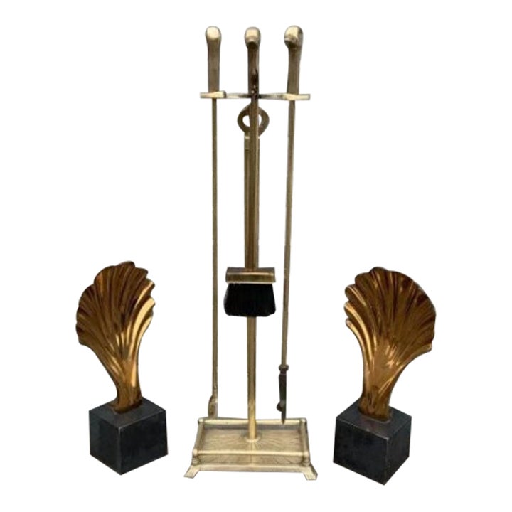 Neoclassical Brass Mallard Duck Head Fireplace Tools and 2 Shell ...