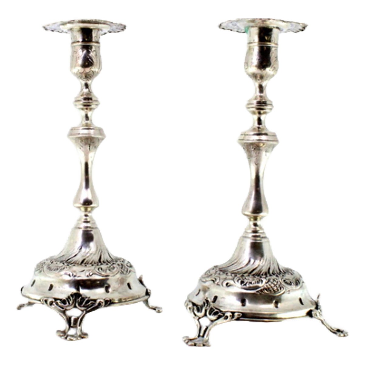 Silver Candlesticks with Reliefs, Turned Shafts with Engravings and Cut ...