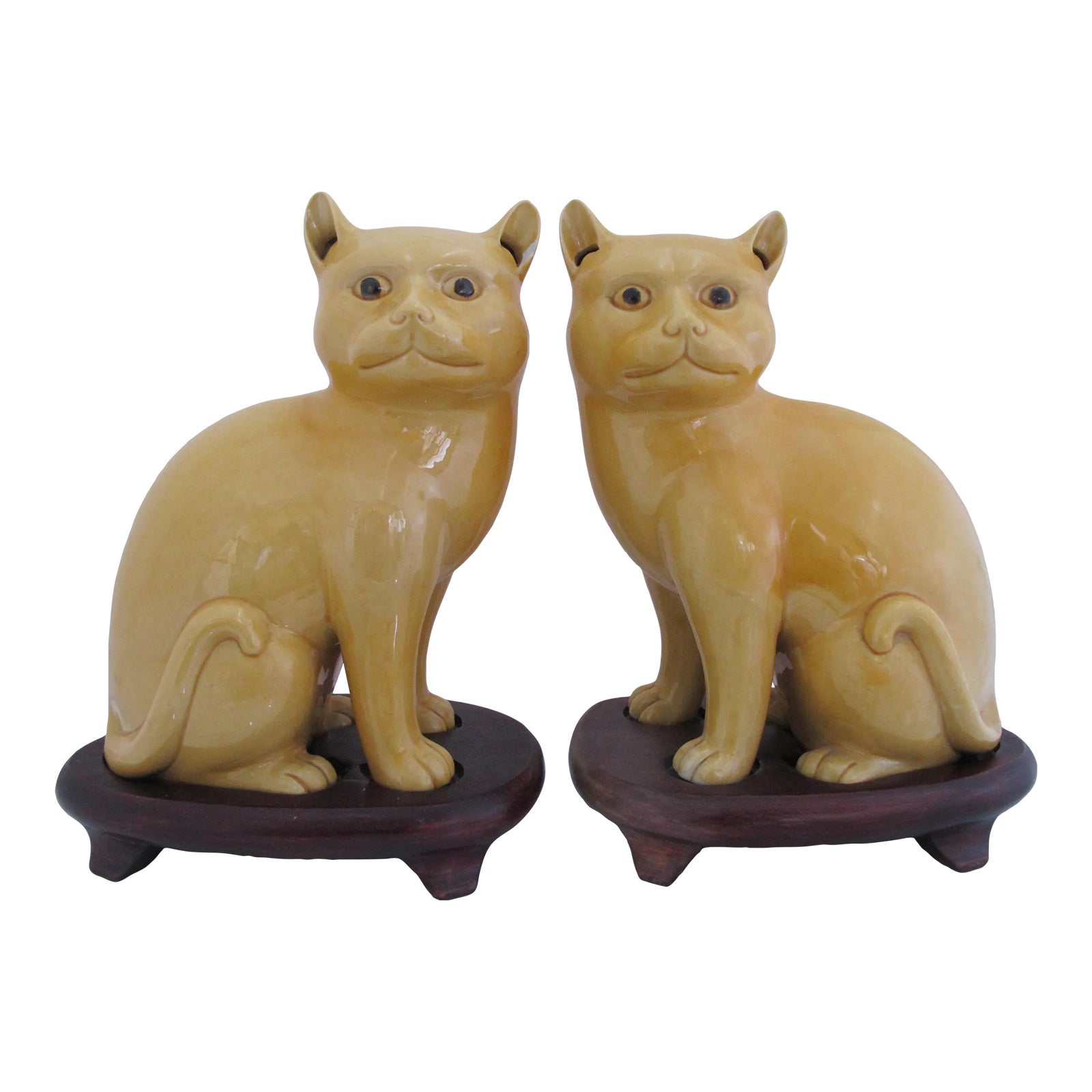 Chinese 19th Century Export Yellow Porcelain Lucky Kitty Cat Pair With ...