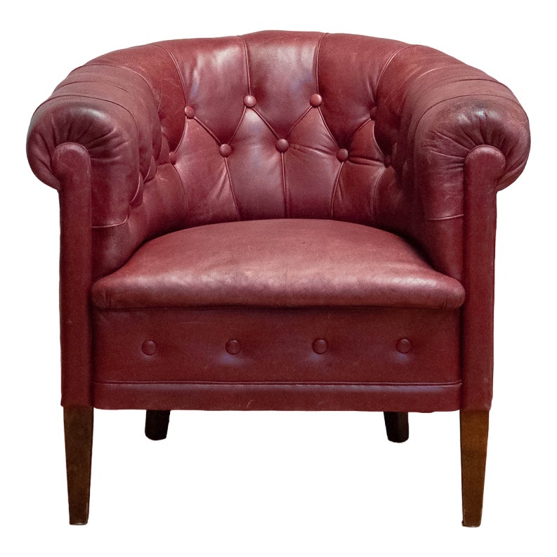 Swedish Crimson Red Chesterfield Club Lounge Chair in Patinated Leather ...