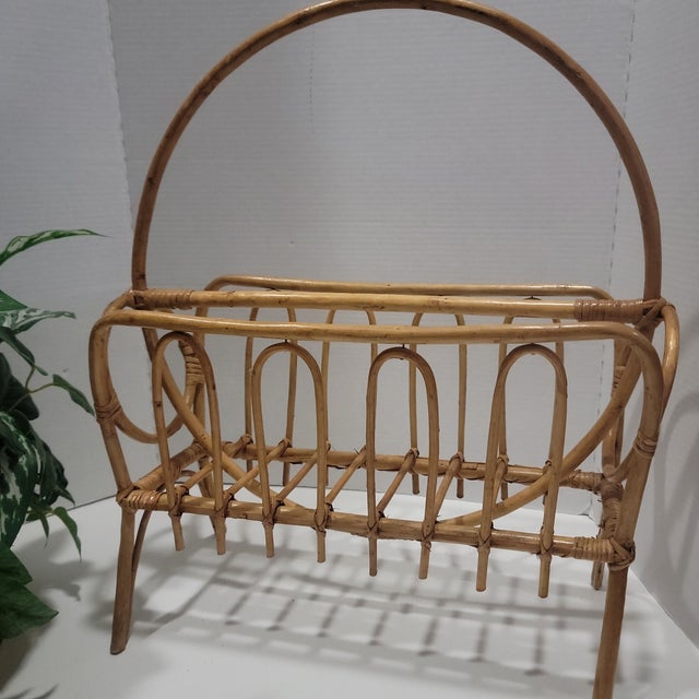 1970s Vintage Bamboo Magazine Rack With Circle Handle | Chairish