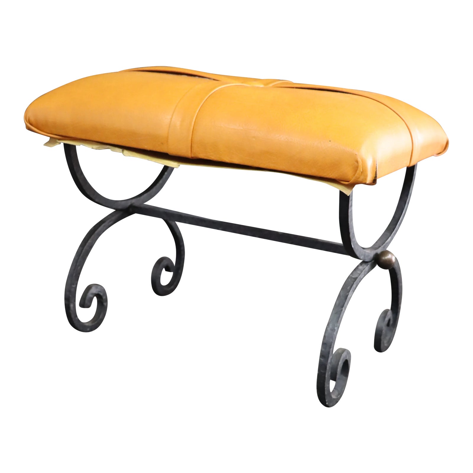Italian Style Tufted Leather and Hammered Iron Footstool | Chairish